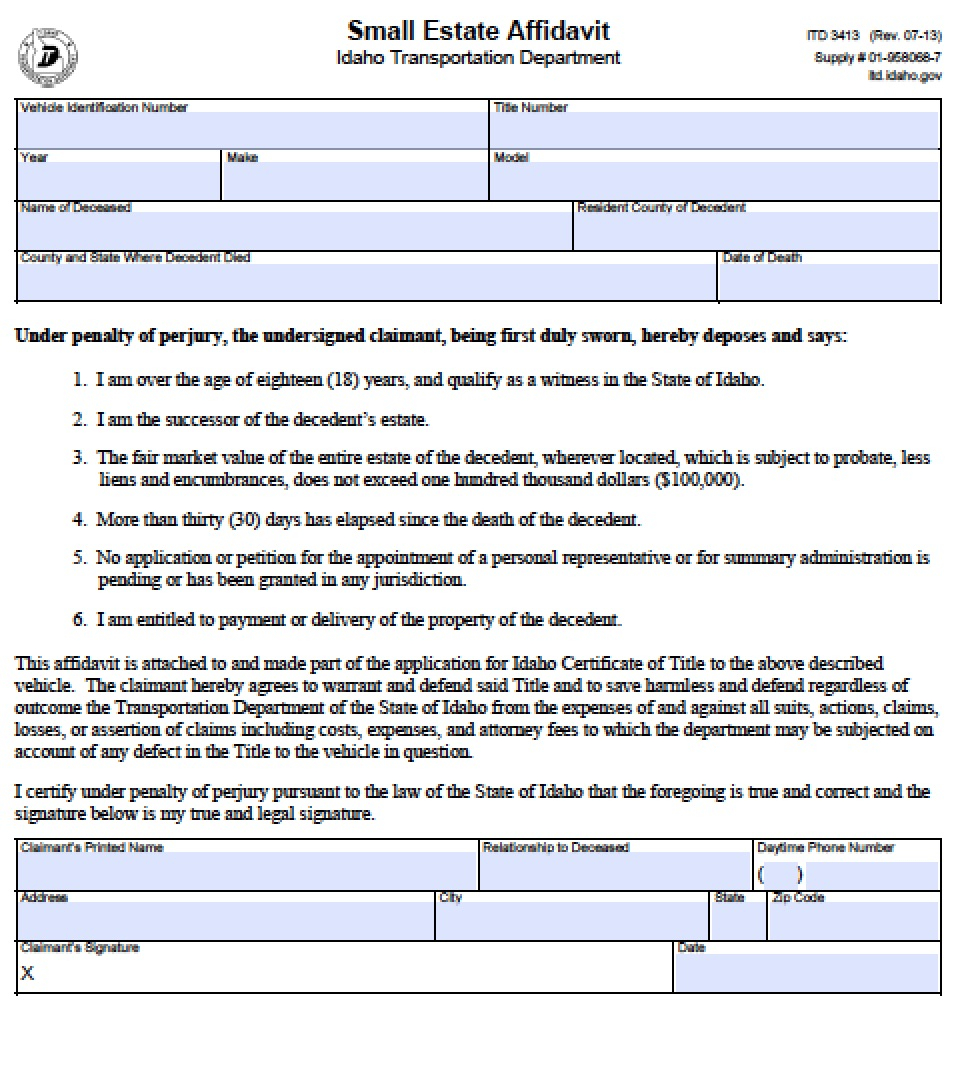 Idaho Small Estate Affidavit Form 2024 - PrintableAffidavitForm.com