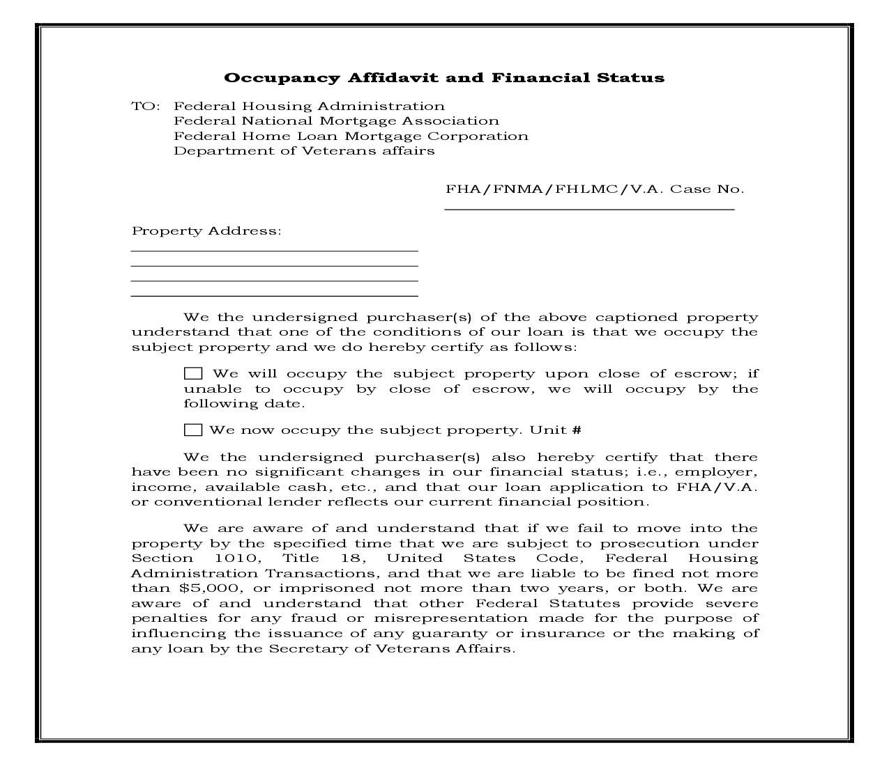 Occupancy And Financial Status Affidavit Form 2023 ...