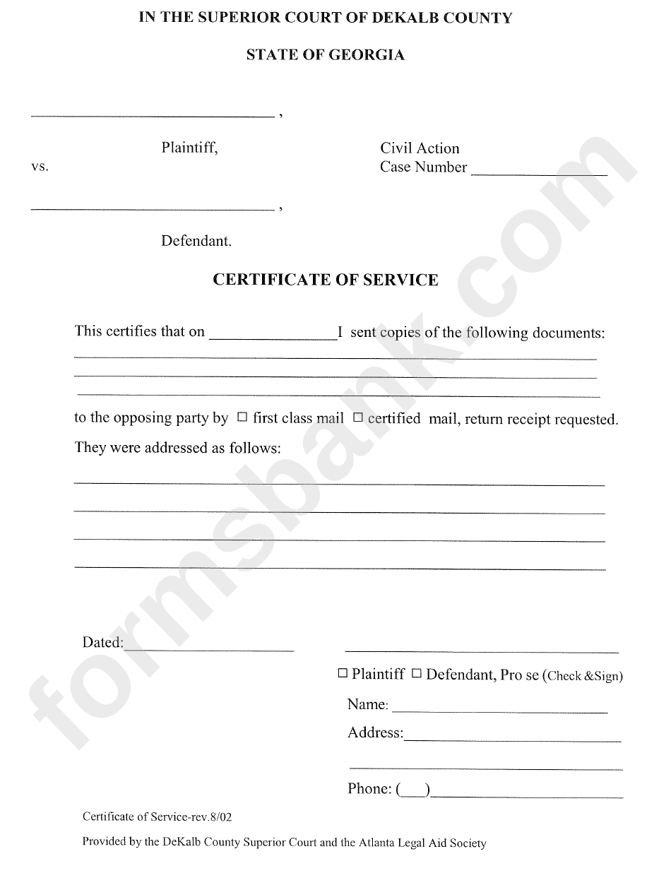 Form Of Affidavit Of Service Dekalb County Georgia 2024 ...