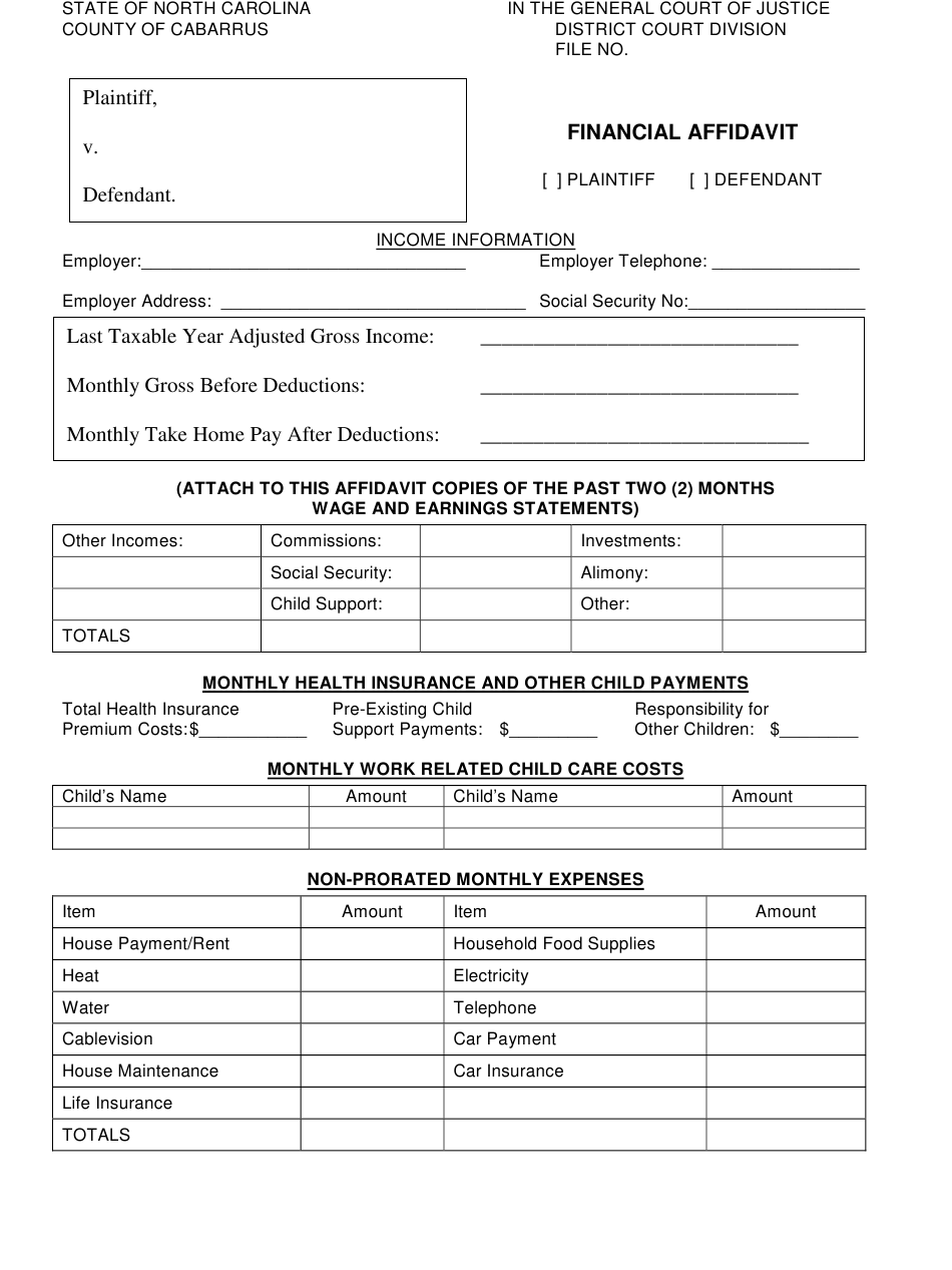 North Carolina Long Form Financial Affidavit 2023 - PrintableAffidavitForm.com