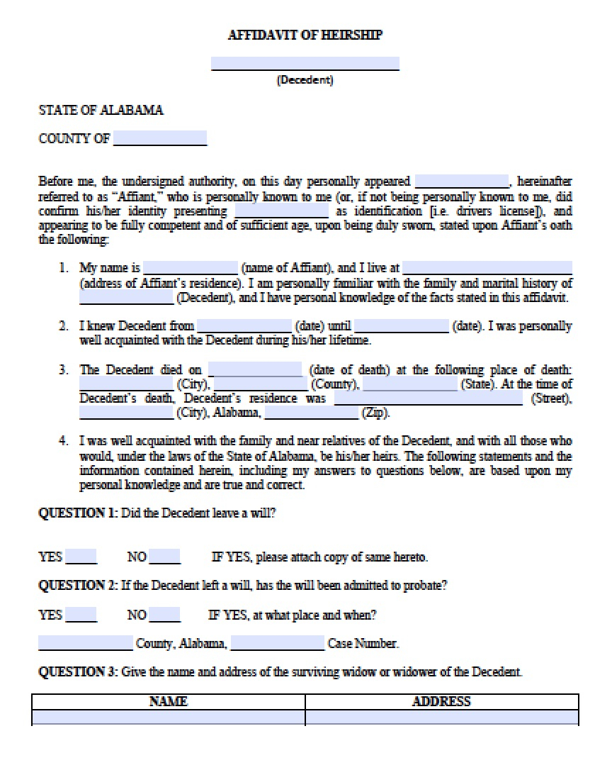 A Form For A Small Estate Affidavit For Jacksonville Alabama 2022 ...