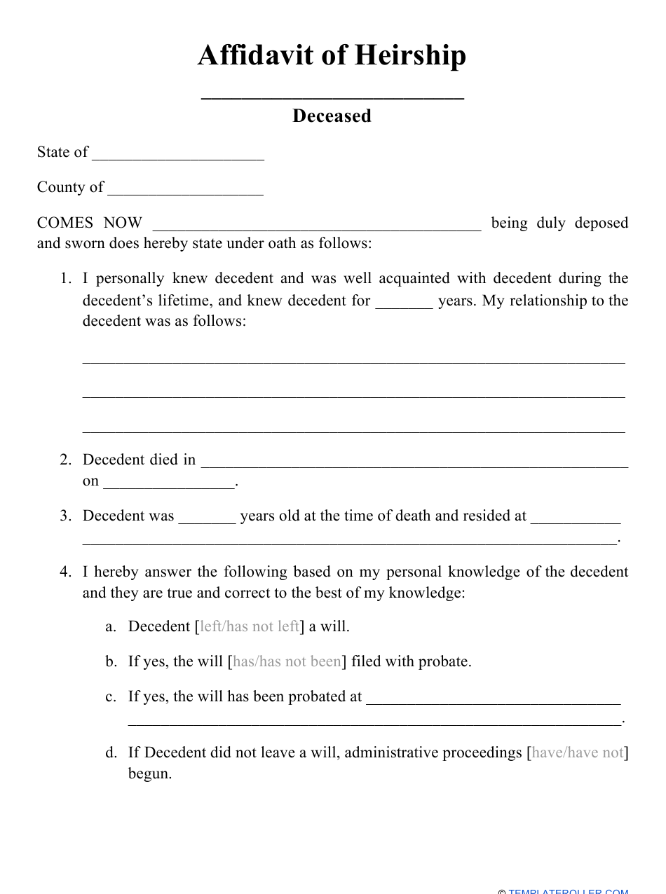 Free Legal Forms Affidavit Of Heirship 2022 - PrintableAffidavitForm.com
