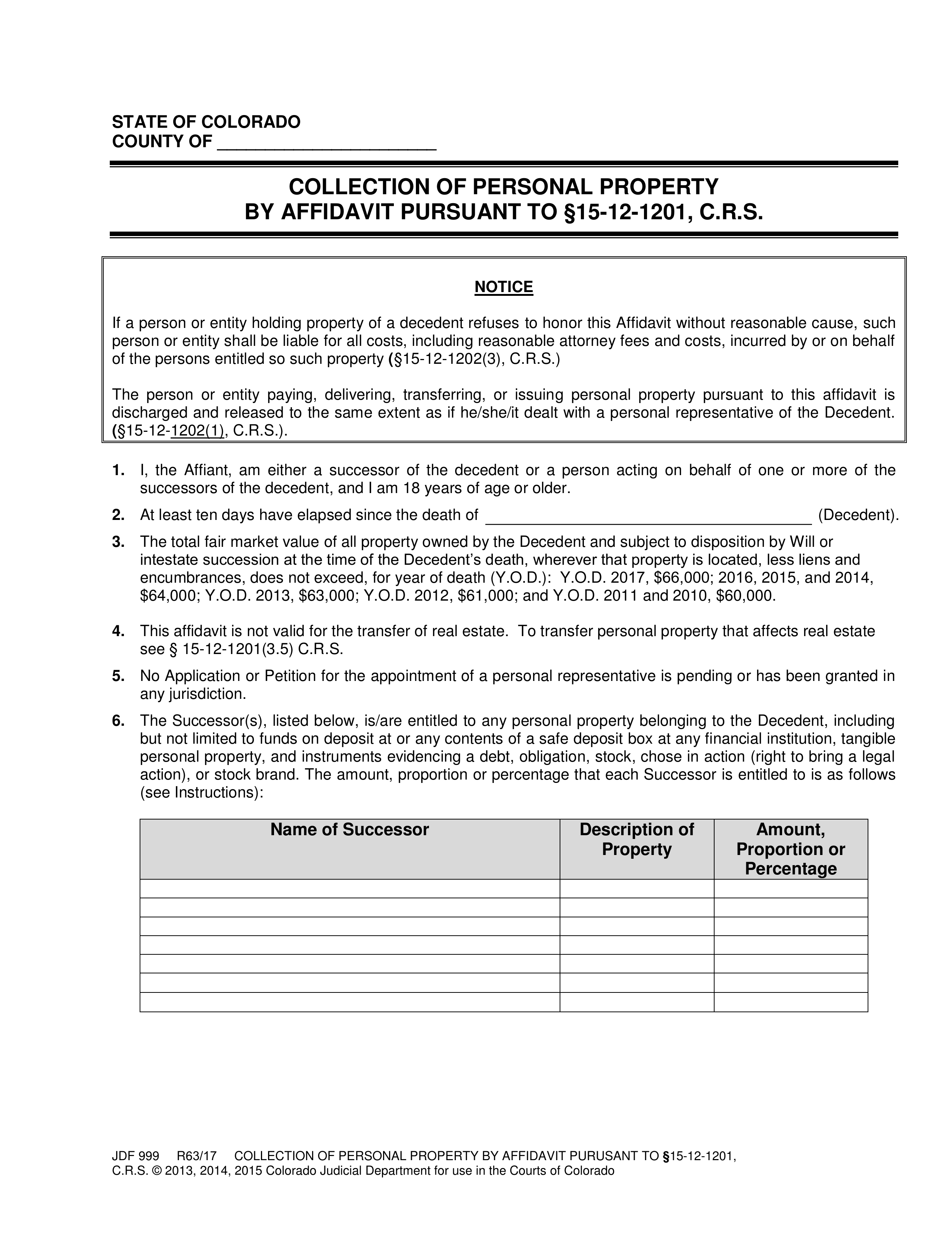 Small Estate Affidavit Colorado Form 2024 - PrintableAffidavitForm.com