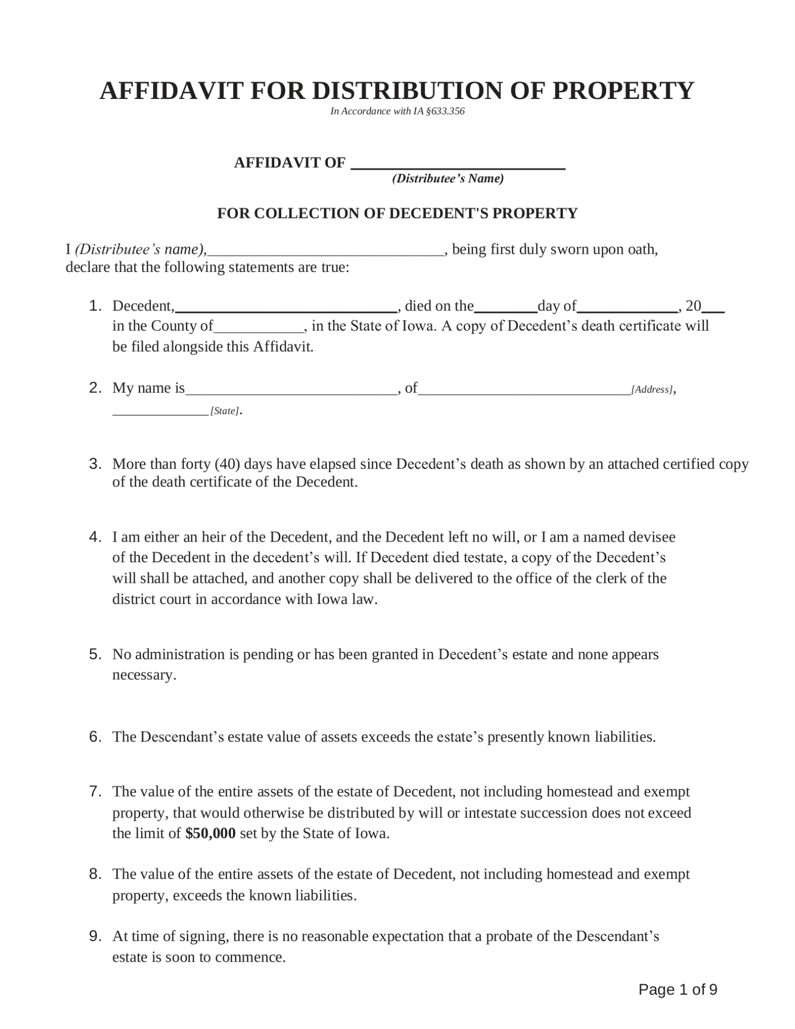 Eformsfree Iowa Small Estate Affidavit Form Affidavit Of Administration ...