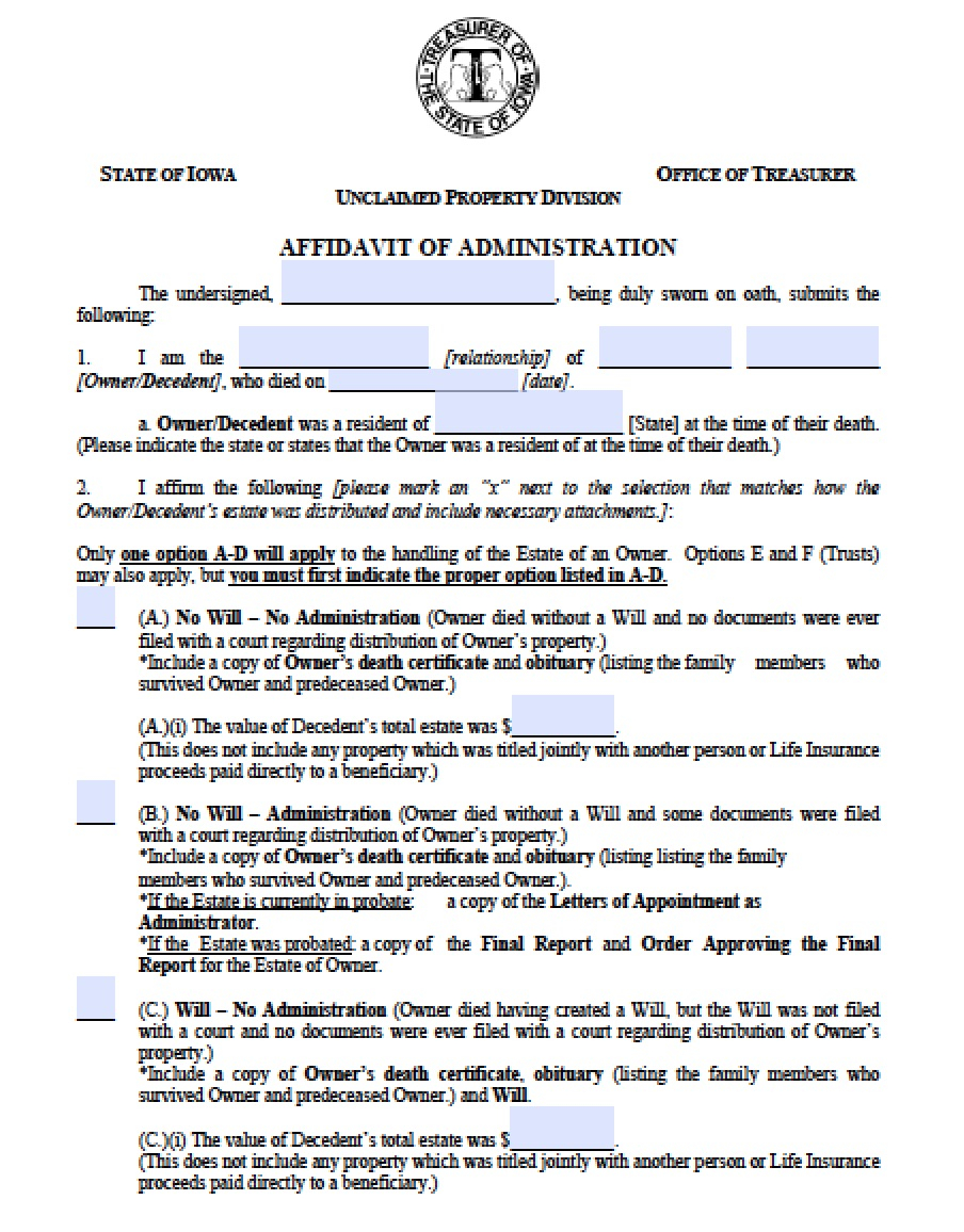 Small Estate Affidavit Iowa Form 2024 - PrintableAffidavitForm.com
