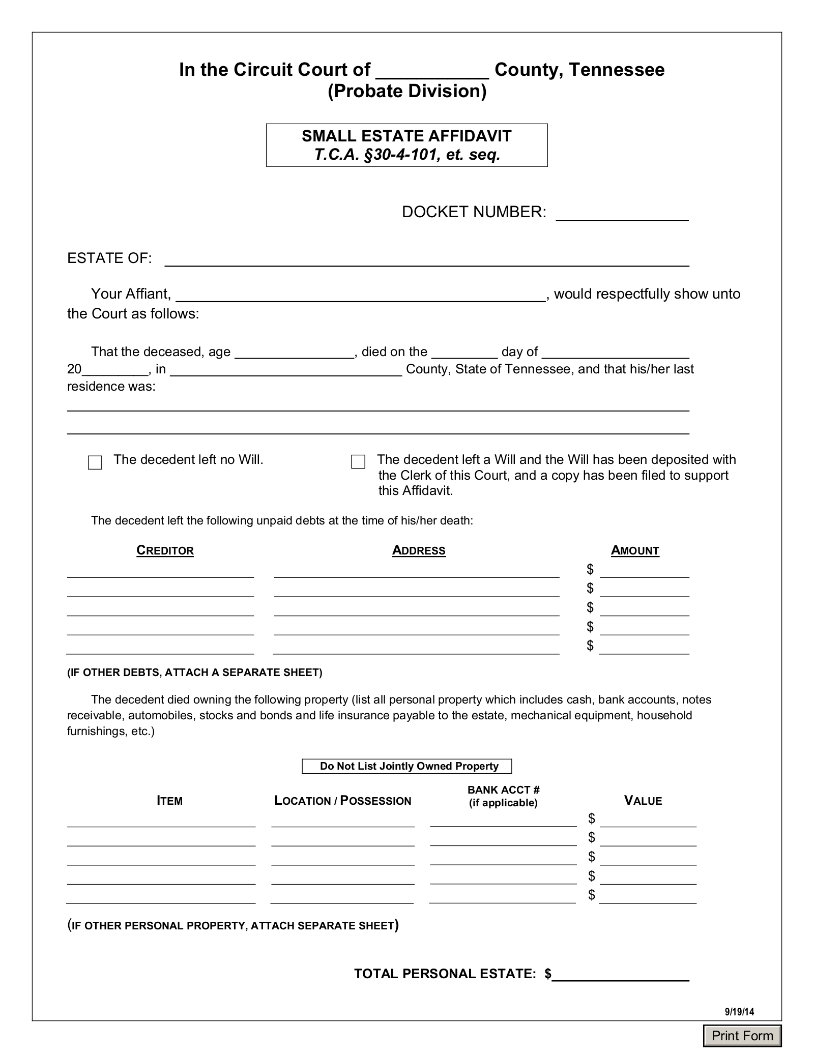 Print Small Estate Affidavit Tennessee Form 2024 ...