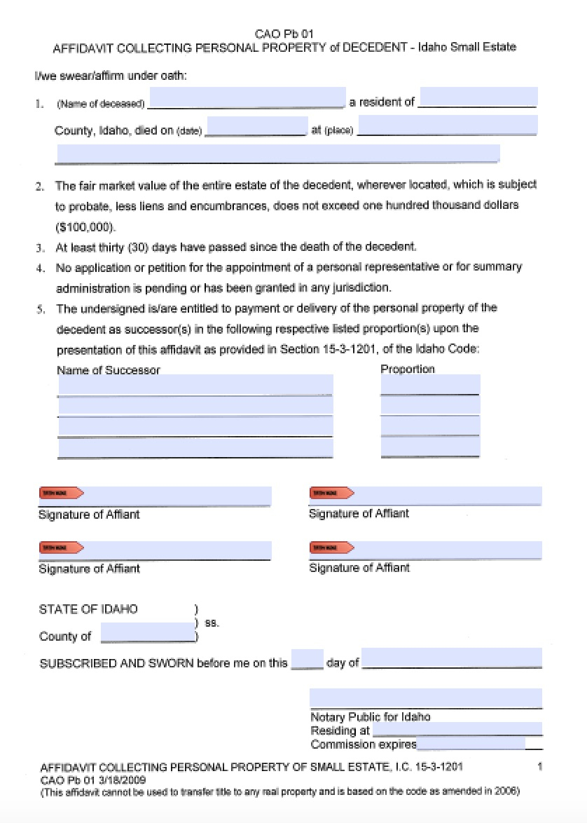 State Of Idaho Small Estate Affidavit Form 2024 ...